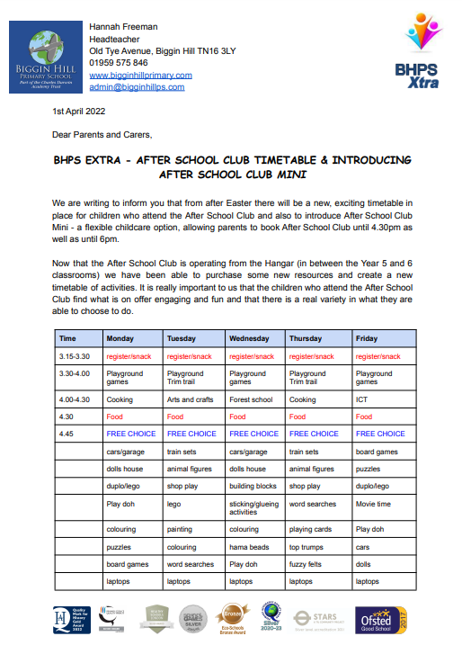 BHPS Extra - After School Club Timetable & Introducing After School ...